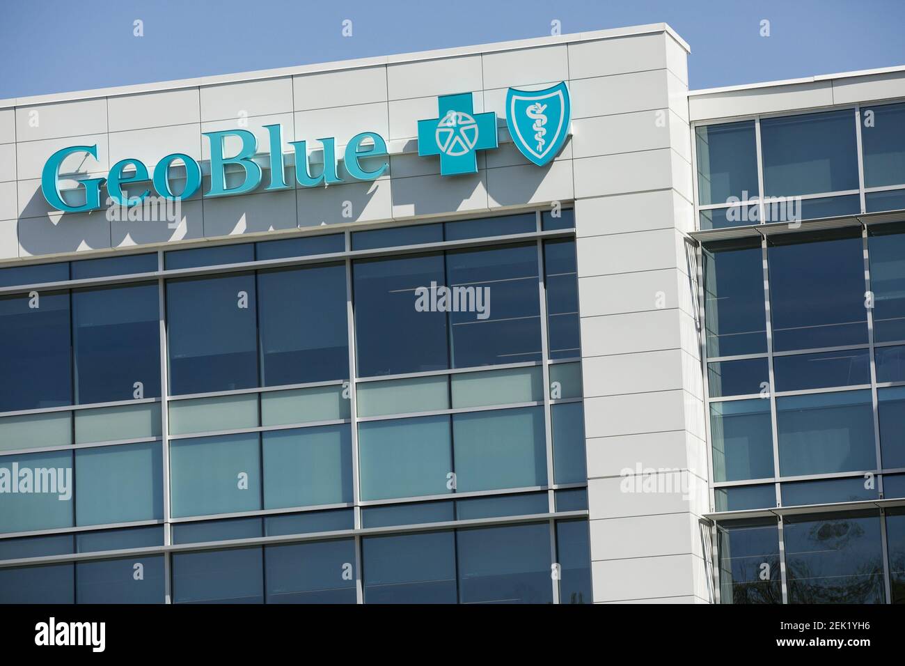 A logo sign outside of the headquarters of GeoBlue in King of Prussia ...