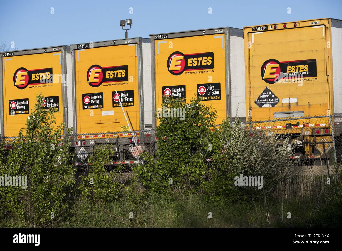 Truck trailers with logos outside of a facility occupied by Estes ...