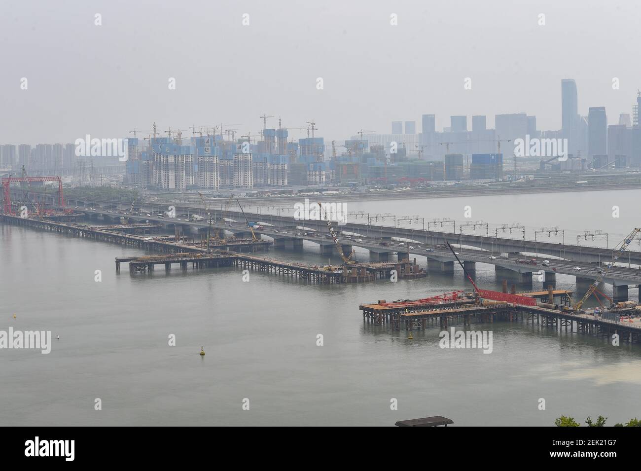 An aerial view of Pengbu Bridge, which is also known as Qiantang River ...