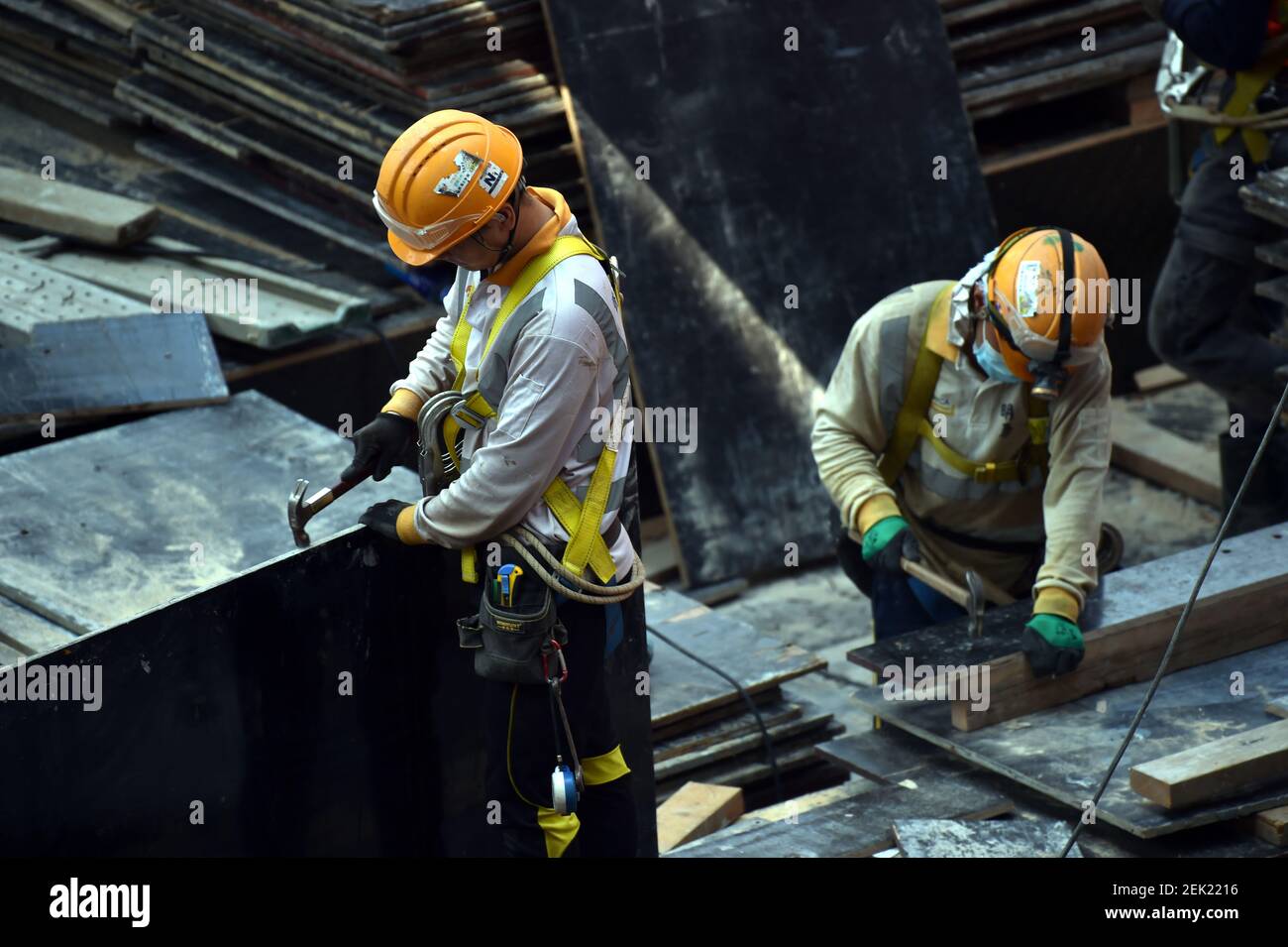 An aerial view of workers are busy at constructing Exhibition Center ...