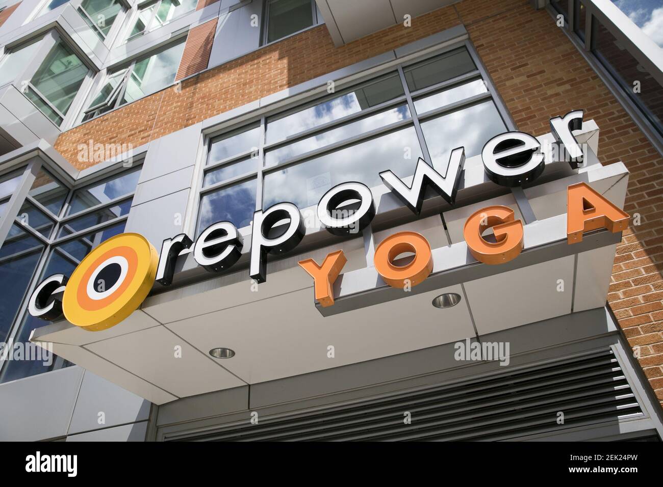 A logo sign outside of a CorePower Yoga location in Washington, D.C ...