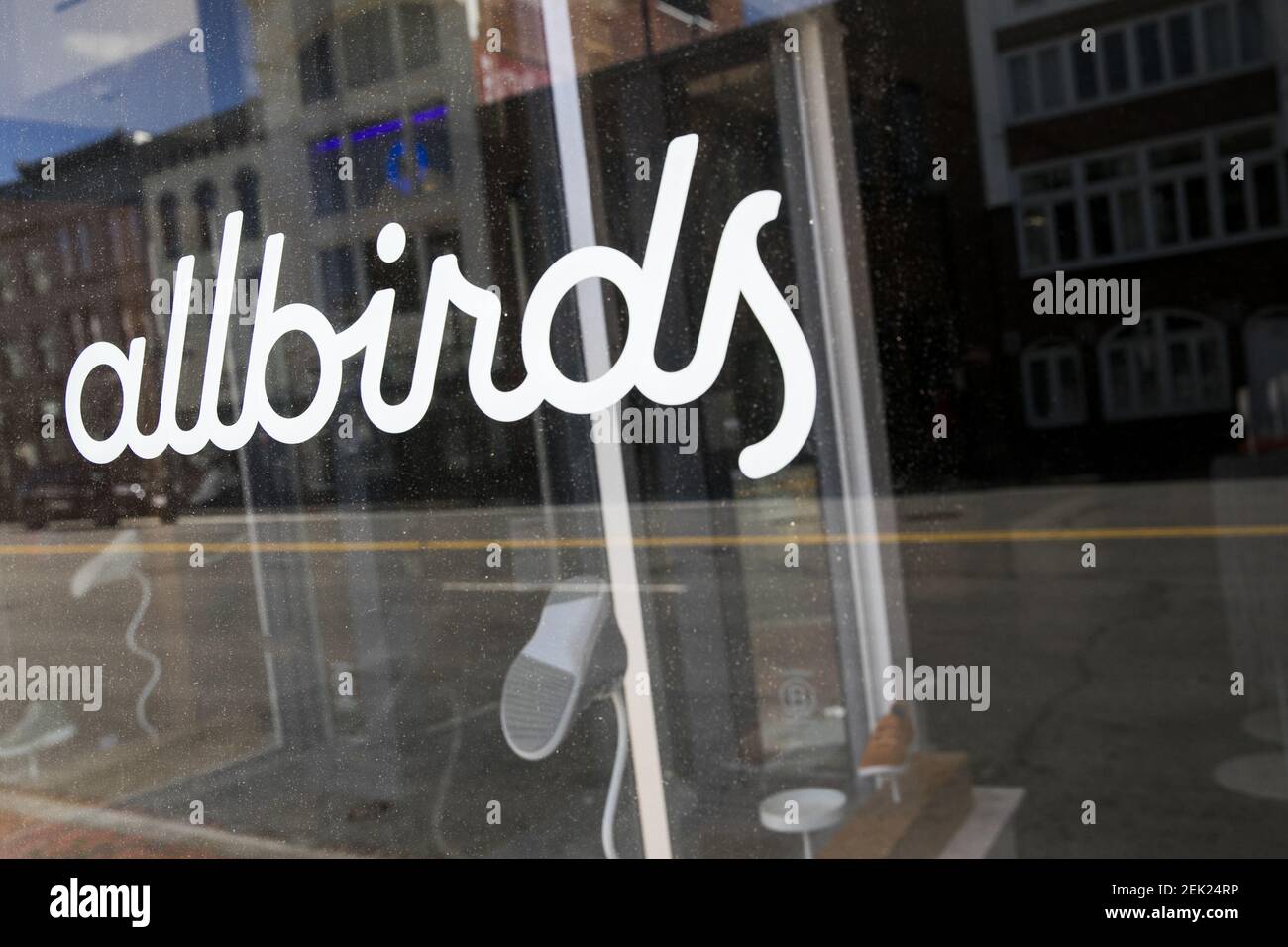 A logo sign outside of a Allbirds retail store location in Washington ...