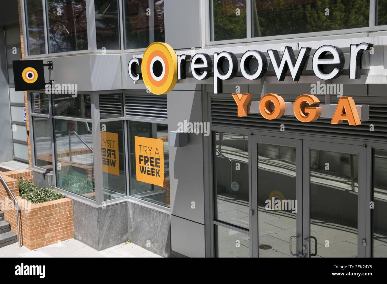 A logo sign outside of a CorePower Yoga location in Washington, D.C ...