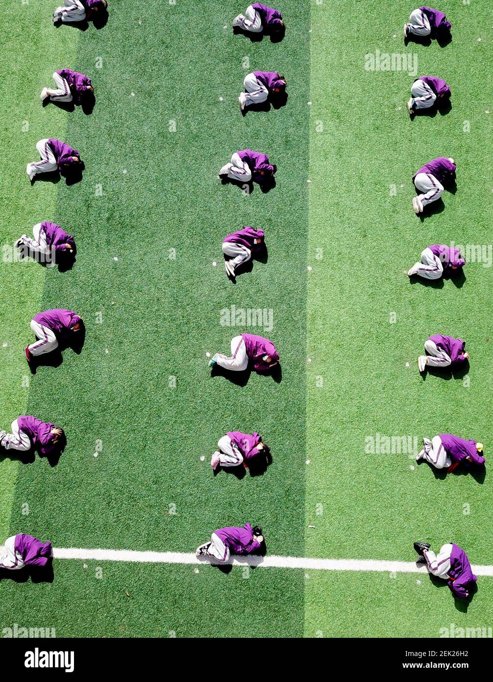 An aerial view of primary school students conducting safety drill in ...