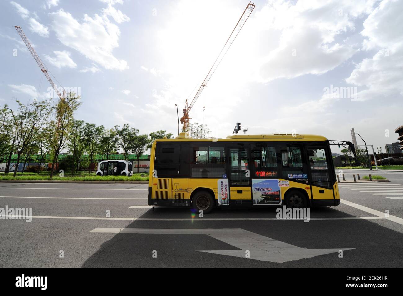 Unmanned buses operate at Shougang Yuan in Beijing, China, 11 May 2020 ...