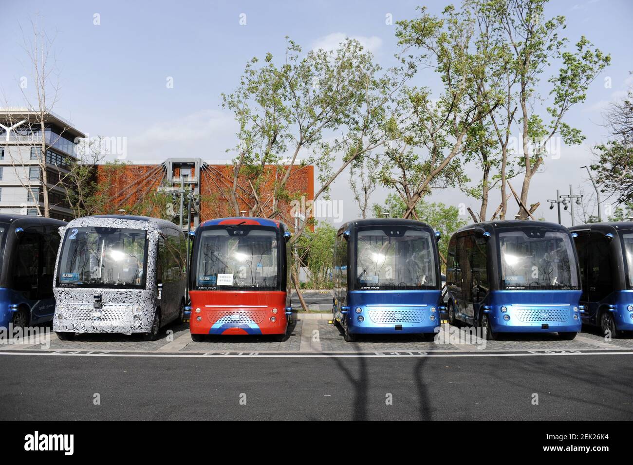 Unmanned buses operate at Shougang Yuan in Beijing, China, 11 May 2020. (Photo by Qianlong Wang ...