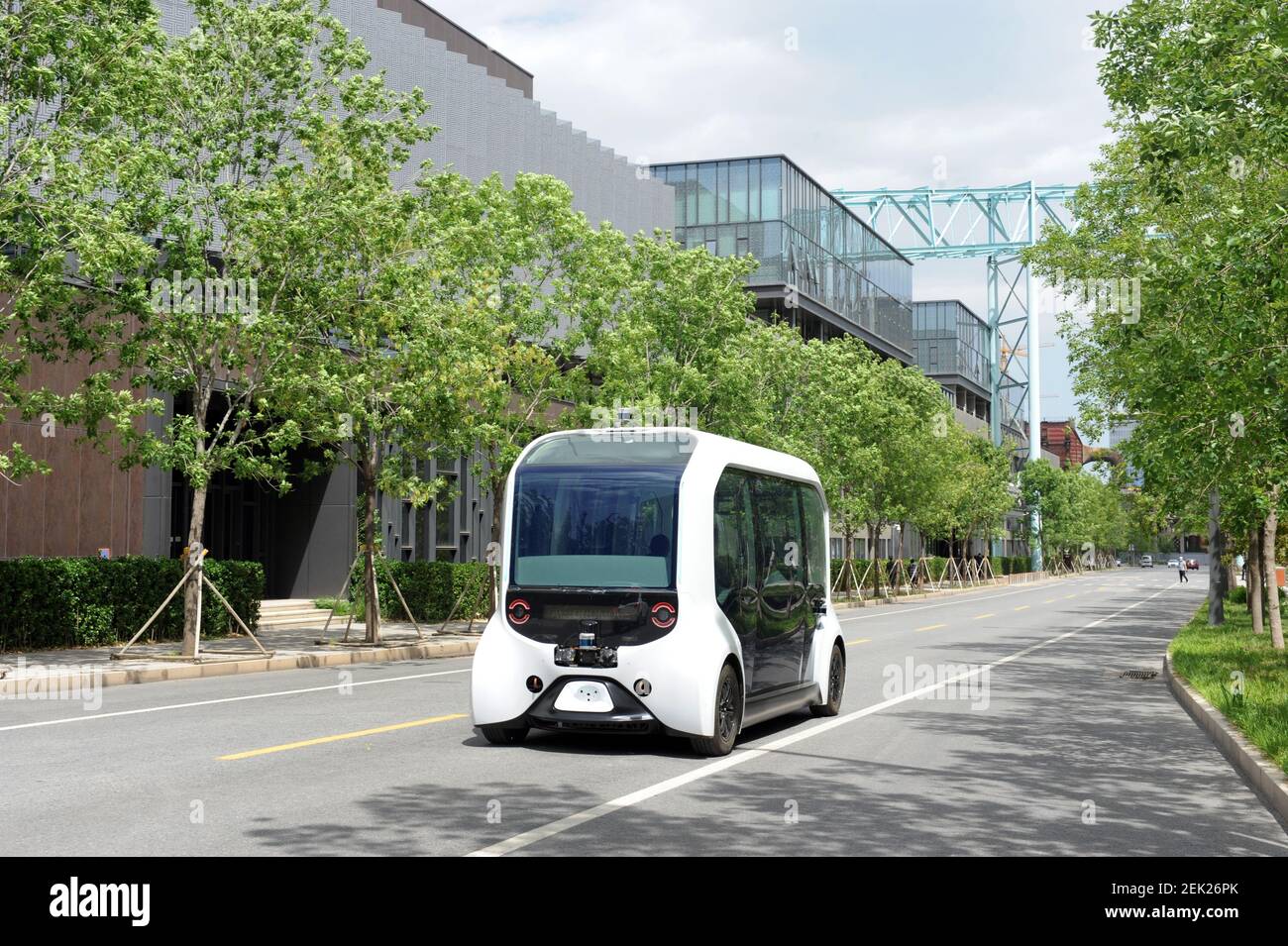 Unmanned buses operate at Shougang Yuan in Beijing, China, 11 May 2020. (Photo by Qianlong Wang ...