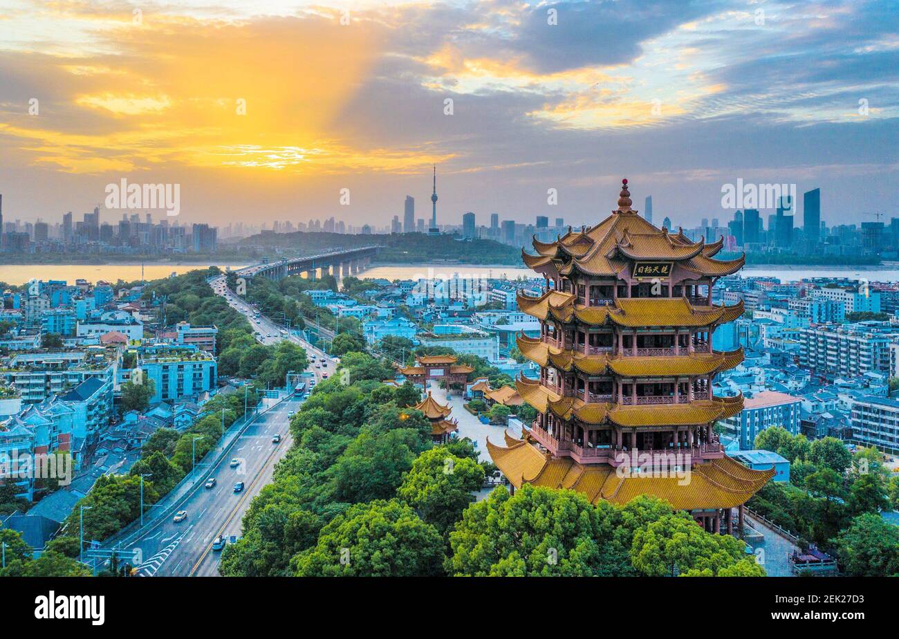 The landmark Yellow Crane Tower in the sunset in Wuhan,Hubei,China on ...