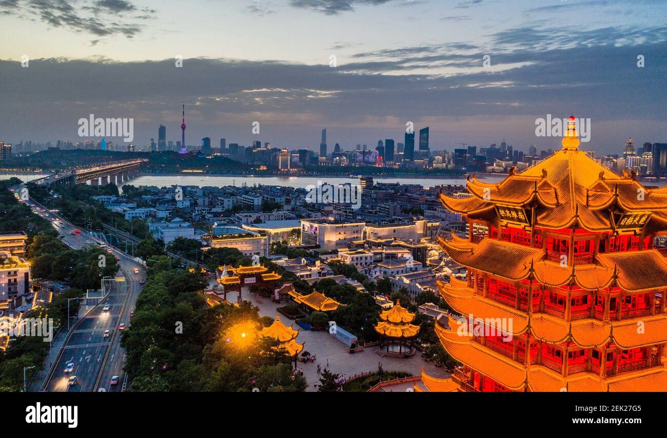 Yellow Crane Tower, a traditional Chinese tower, lights up when night ...