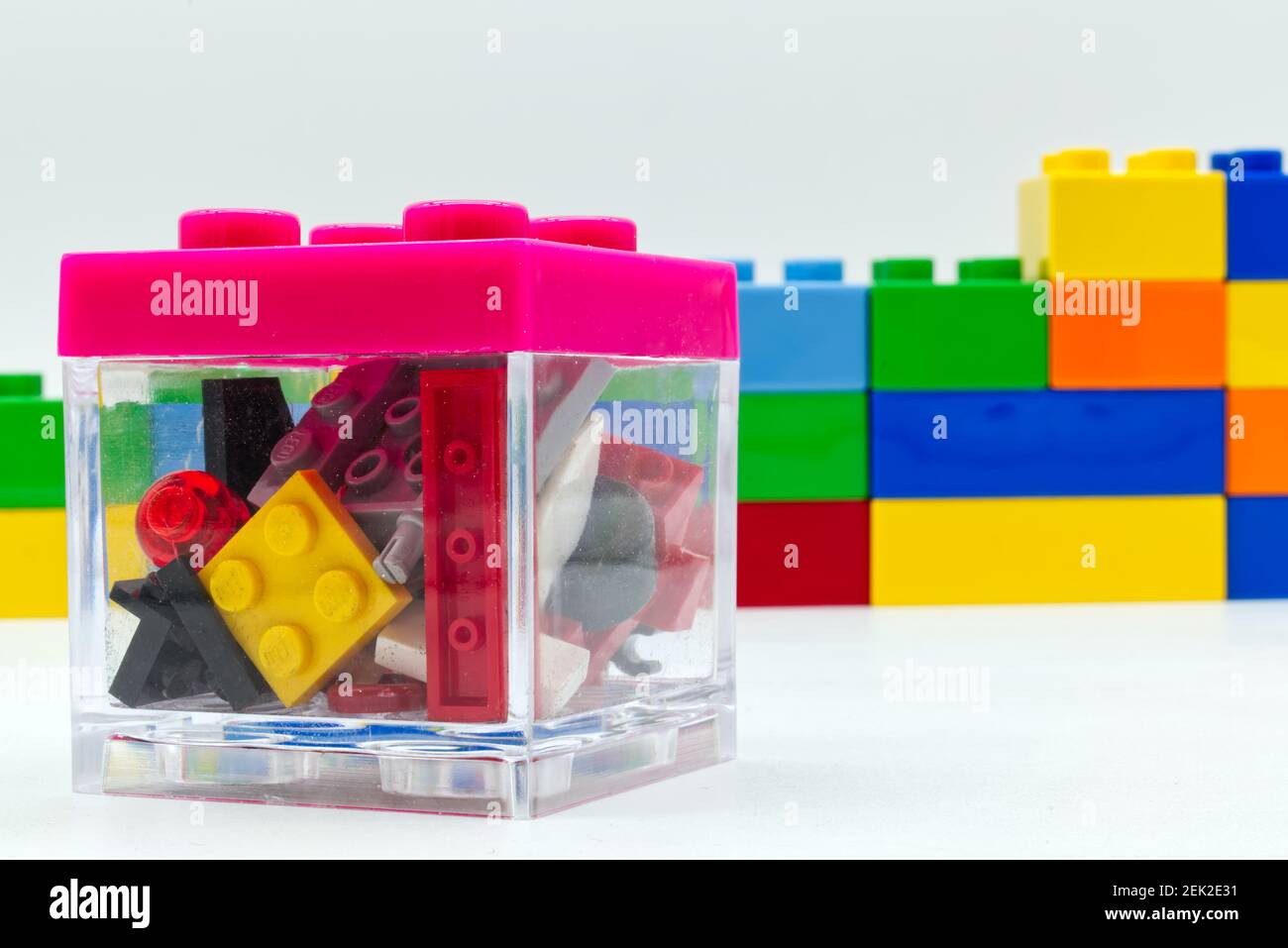 Mixed Lego building blocks inside a transparent Lego box Stock Photo ...