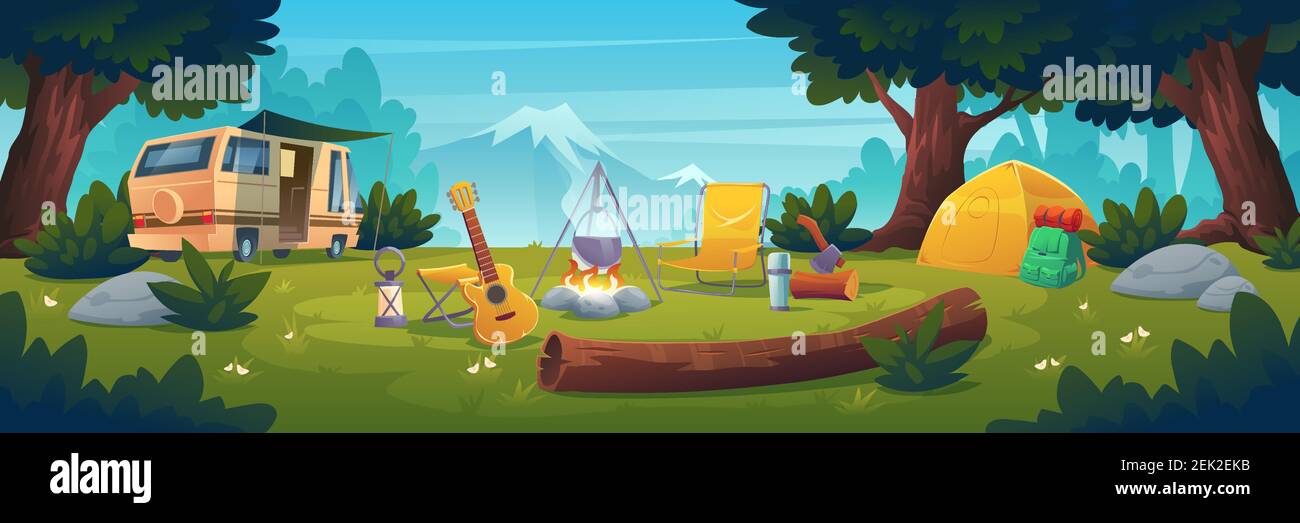 Summer camp at day time. Rv caravan stand at campfire with pot, tent ...