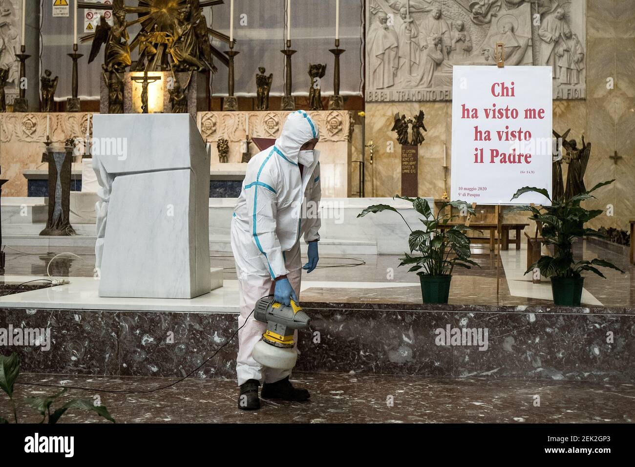 Workers at Don Bosco church on the first day of sanitation of the Roman ...