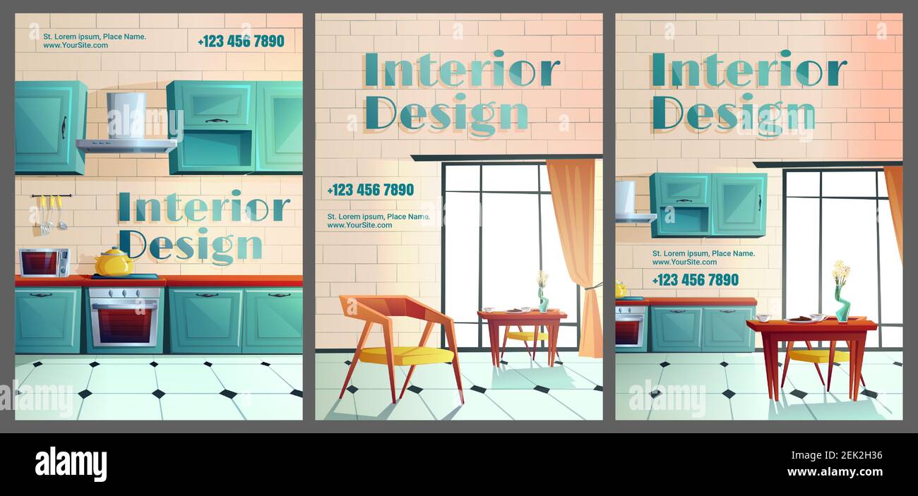 Interior design cartoon banners. Home or cafe kitchen with appliances ...