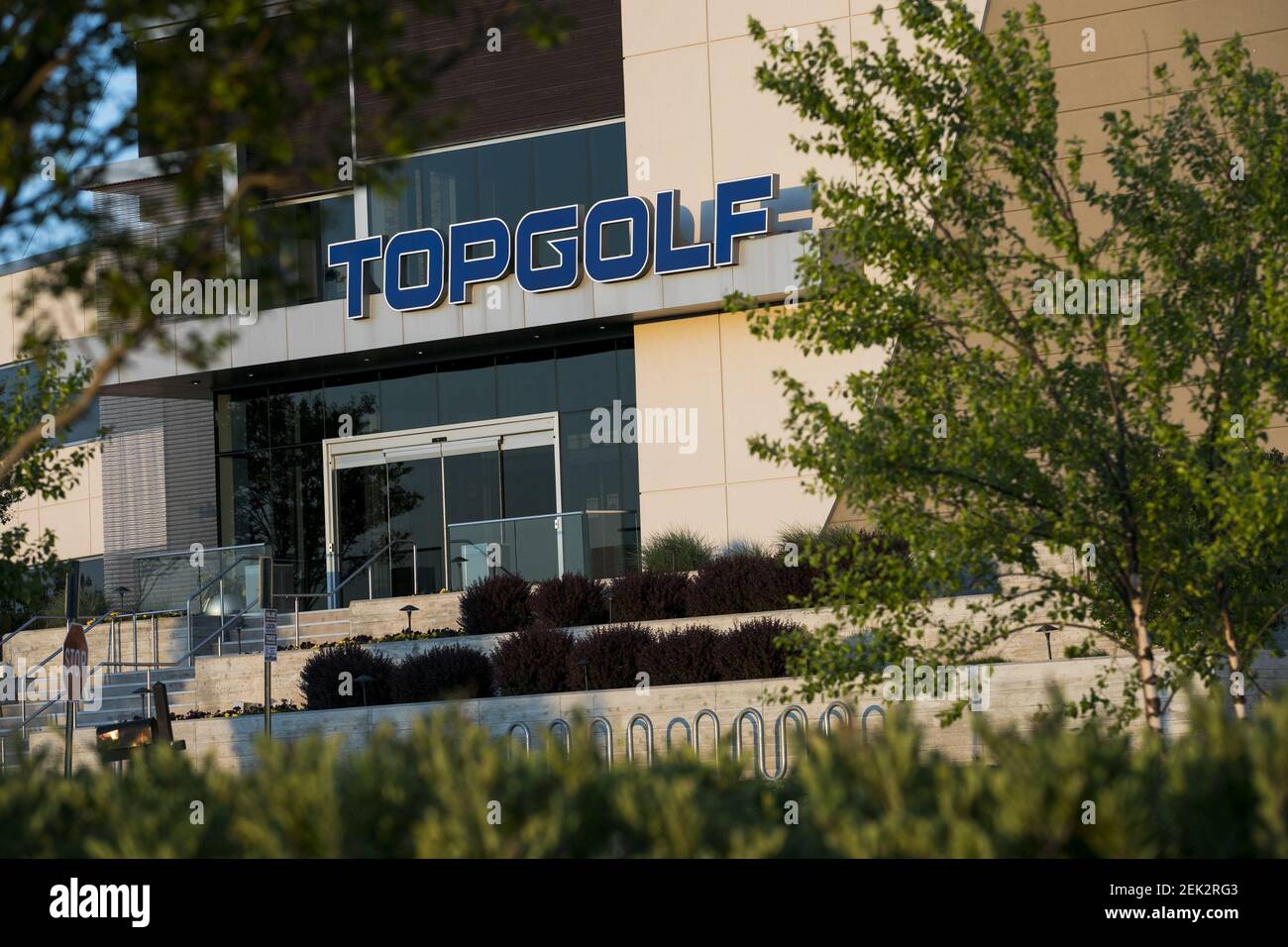 A logo sign outside of Topgolf location in Ashburn, Virginia on May 13 ...