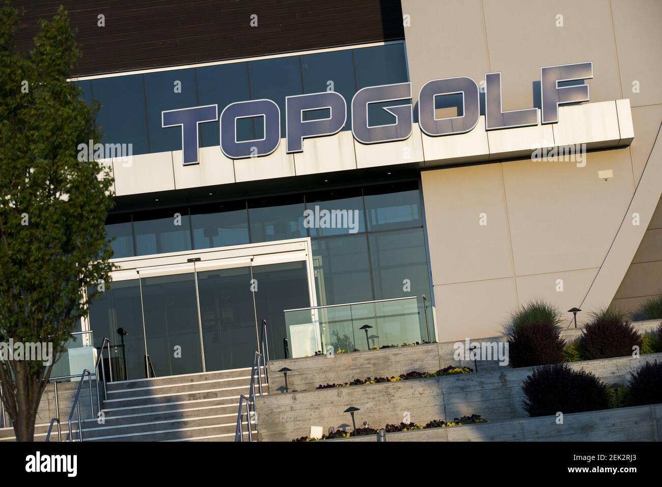 A logo sign outside of Topgolf location in Ashburn, Virginia on May 13 ...