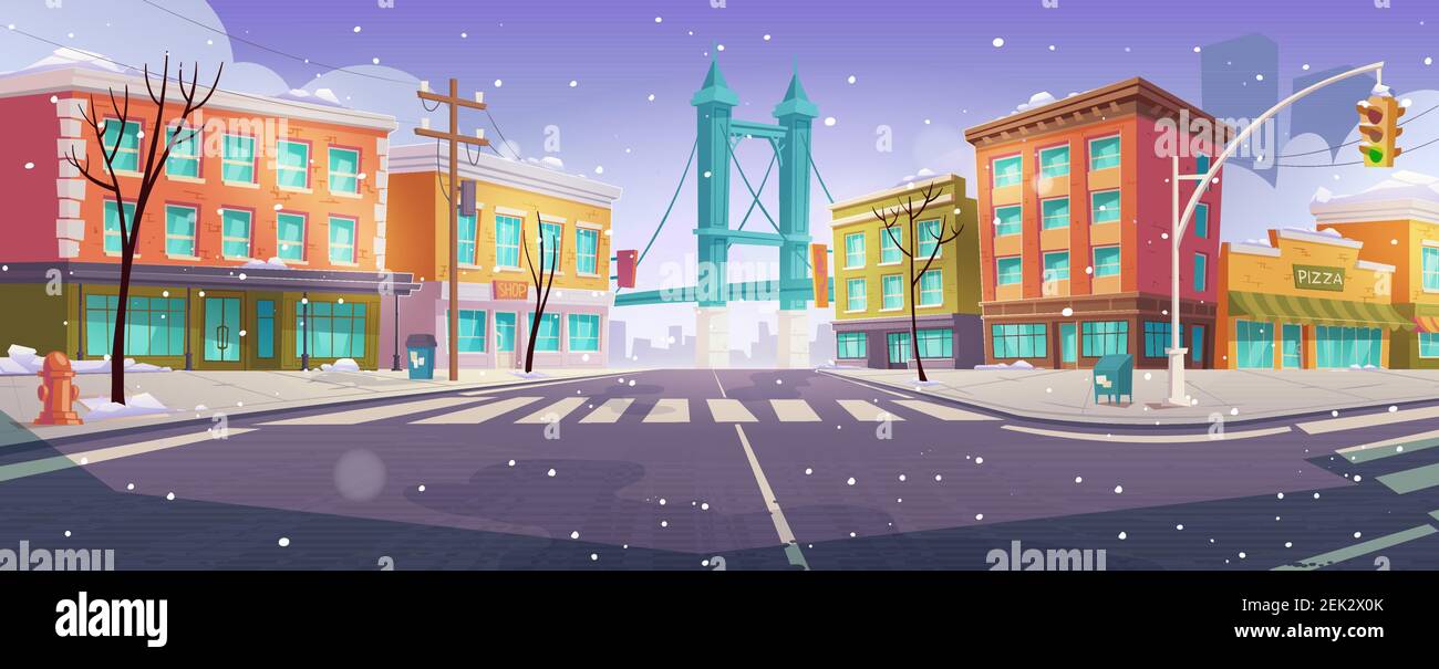 Winter Brooklyn crossroad and bridge city view, empty street with ...