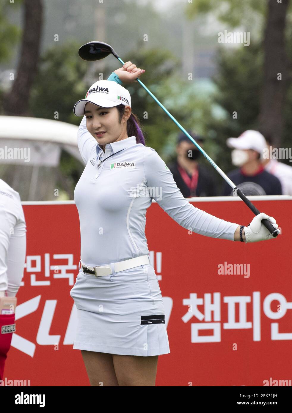 17 May 2020 - Yangju, South Korea : South Korean JLPGA player Bae Seon-woo, reacts a tee shot on ...