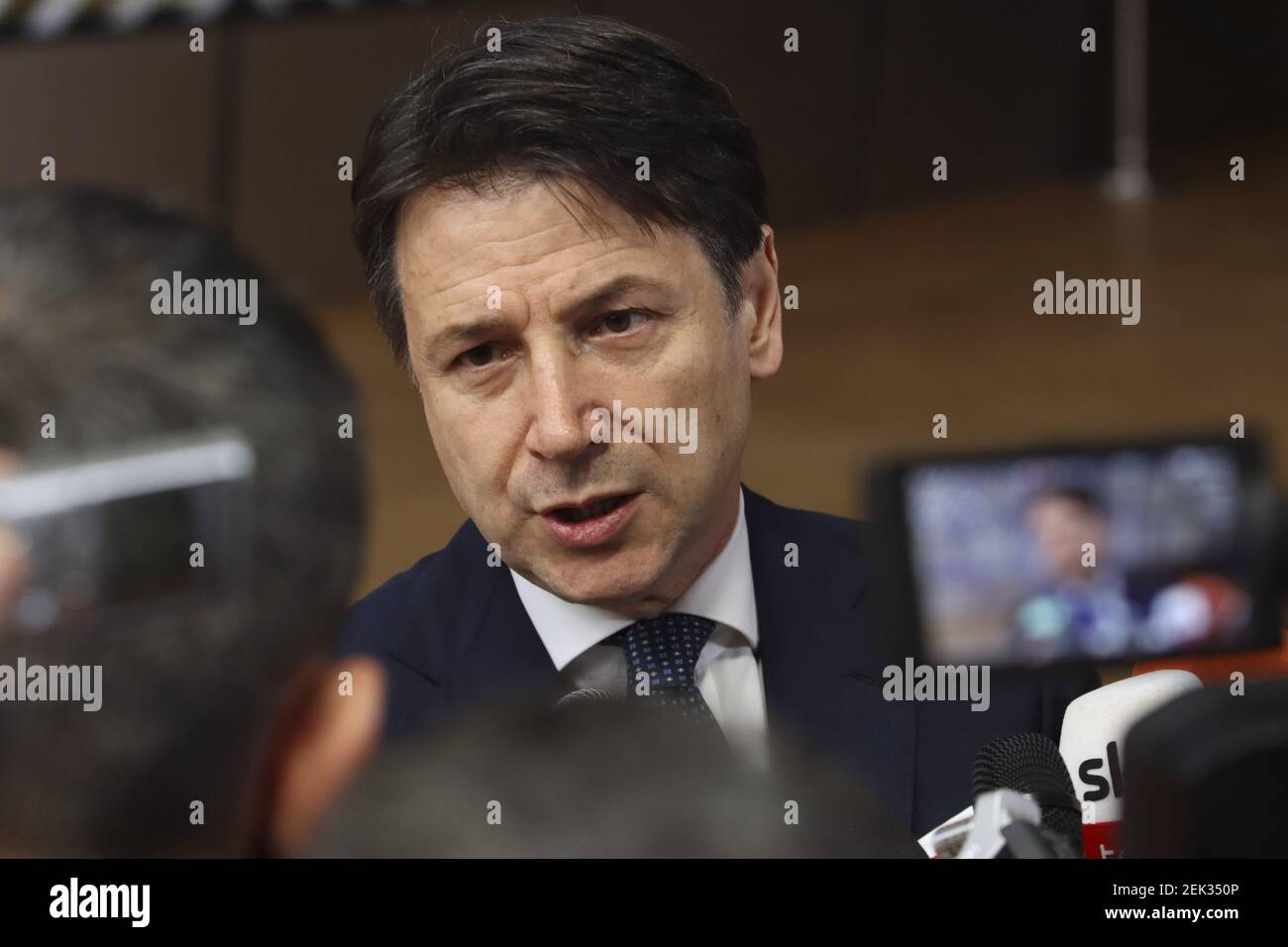 Giuseppe Conte, Prime Minister of Italy talking to the media, a ...