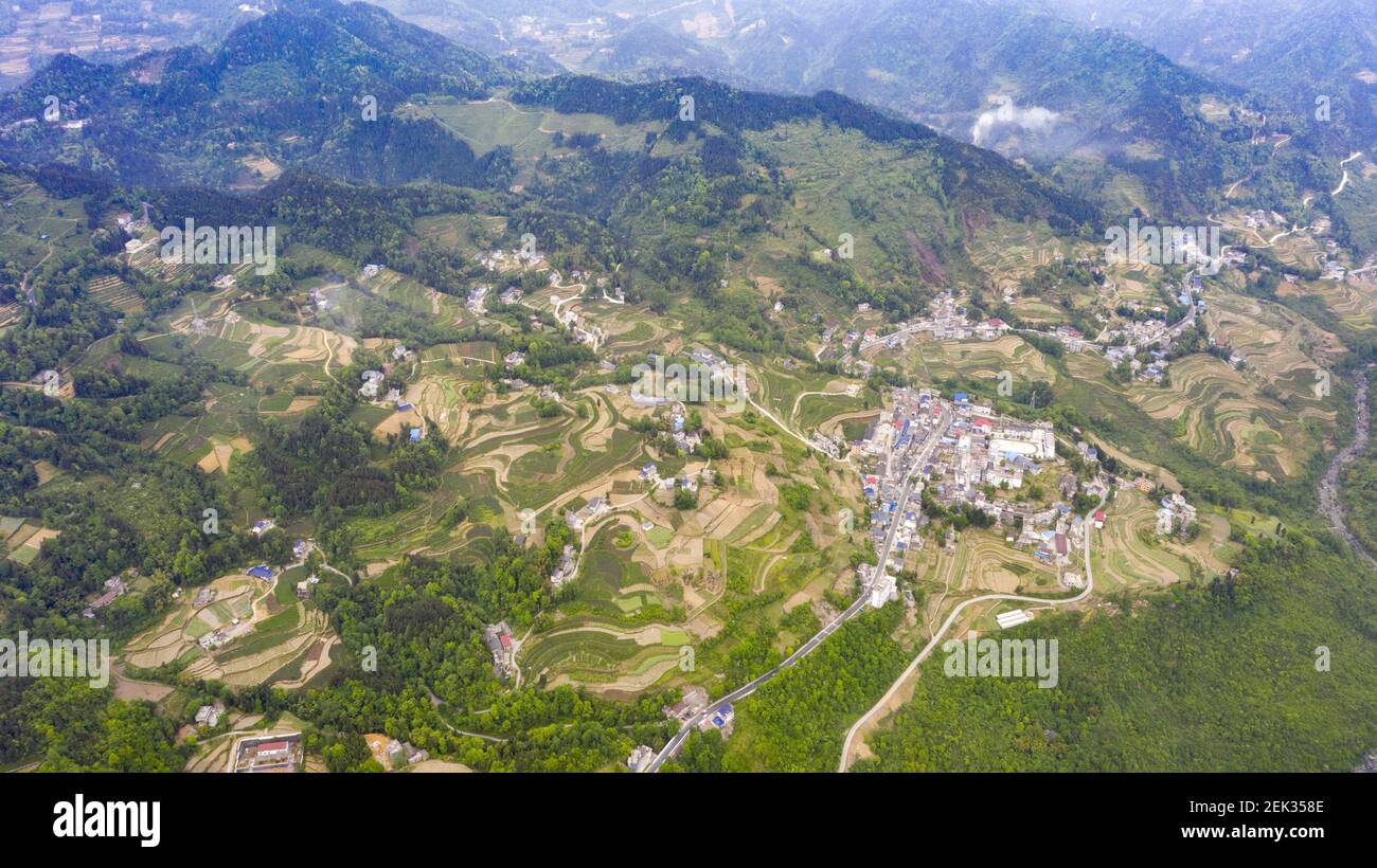 ENSHI, CHINA - MAY 4, 2020 - Aerial photo of tea garden, Enshi City ...