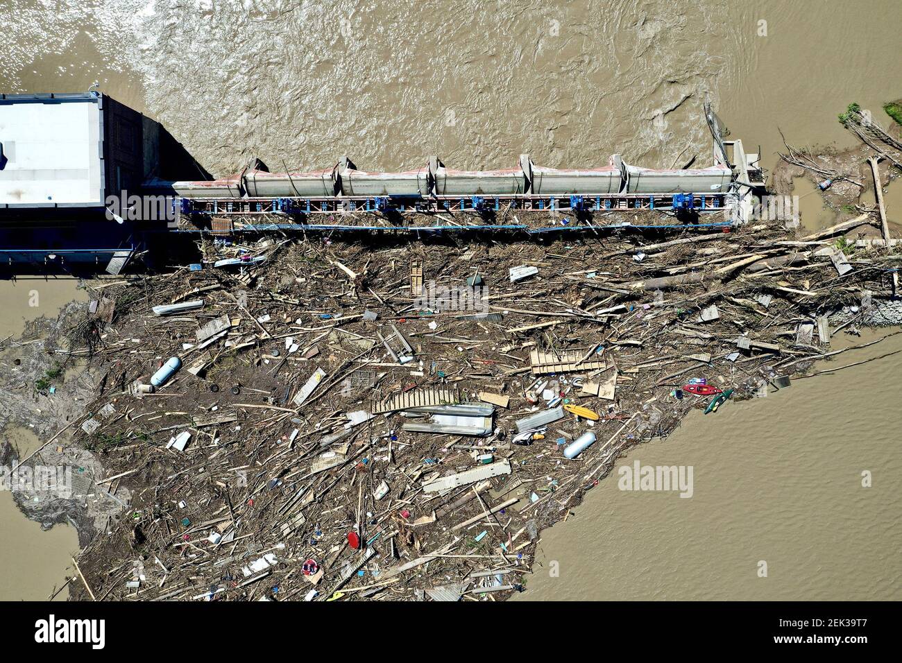 Debris backs up along the Sanford Dam on May 20, 2020 near the Village ...