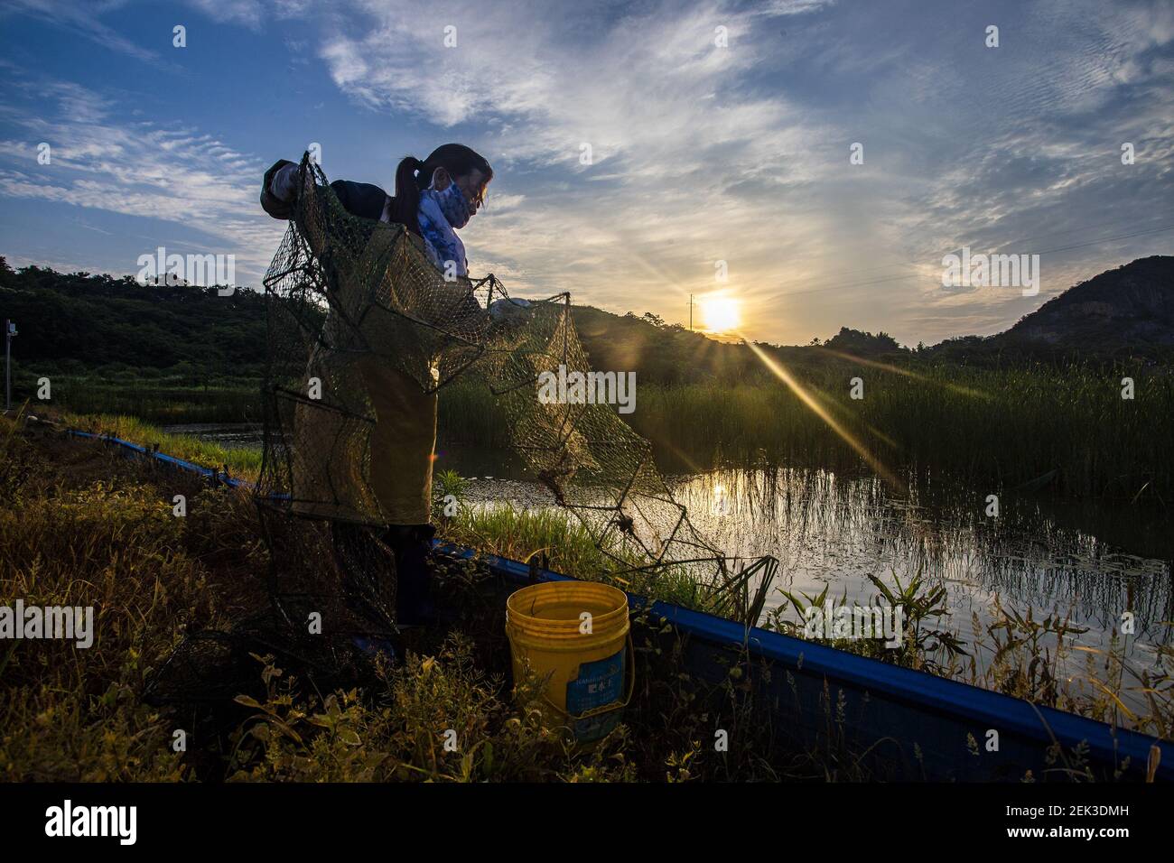 A fishman is busy catching shrimp in a river in Hukou county, Jiujiang ...