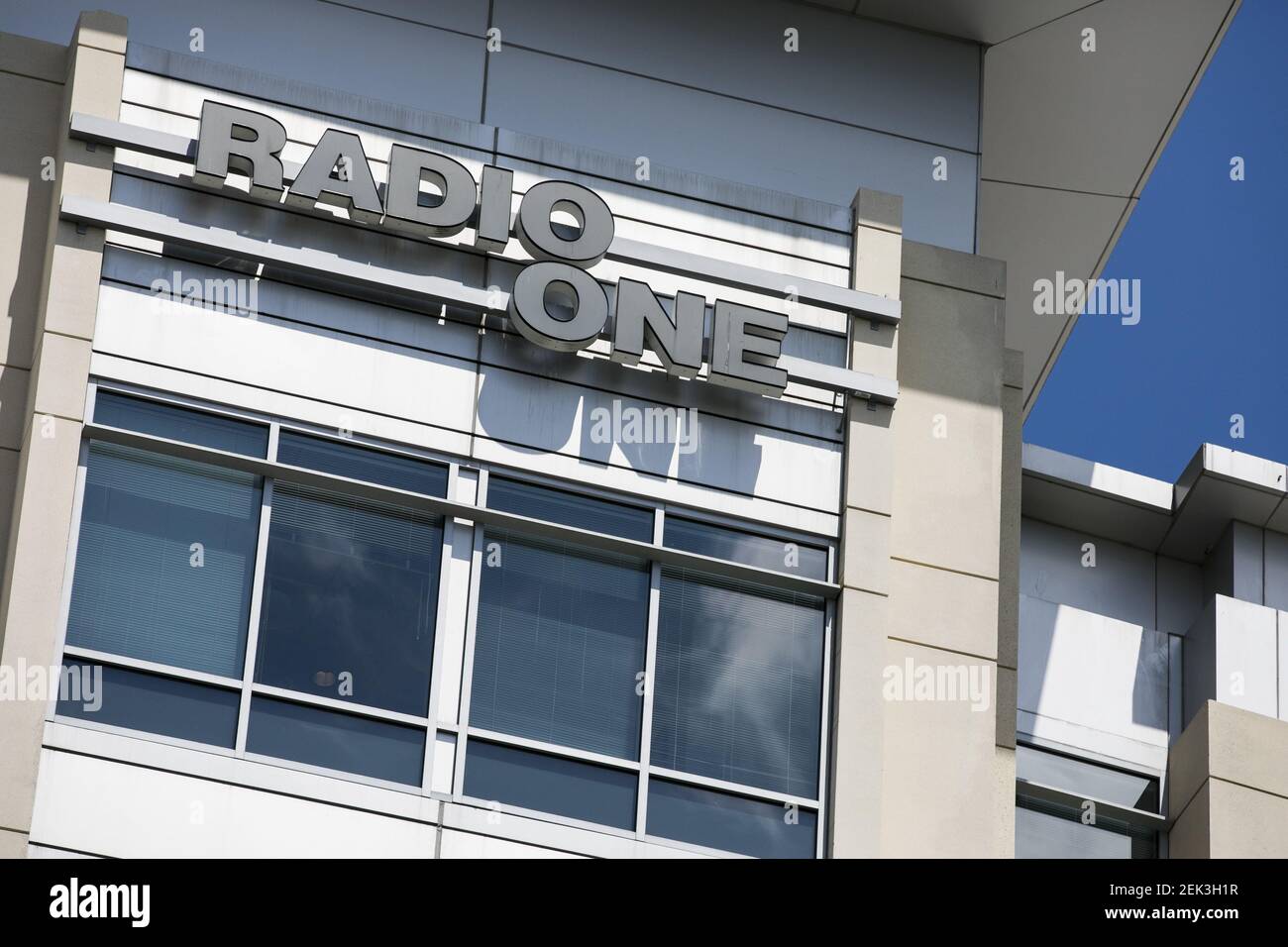A logo sign outside of the headquarters of Radio One, also known as ...