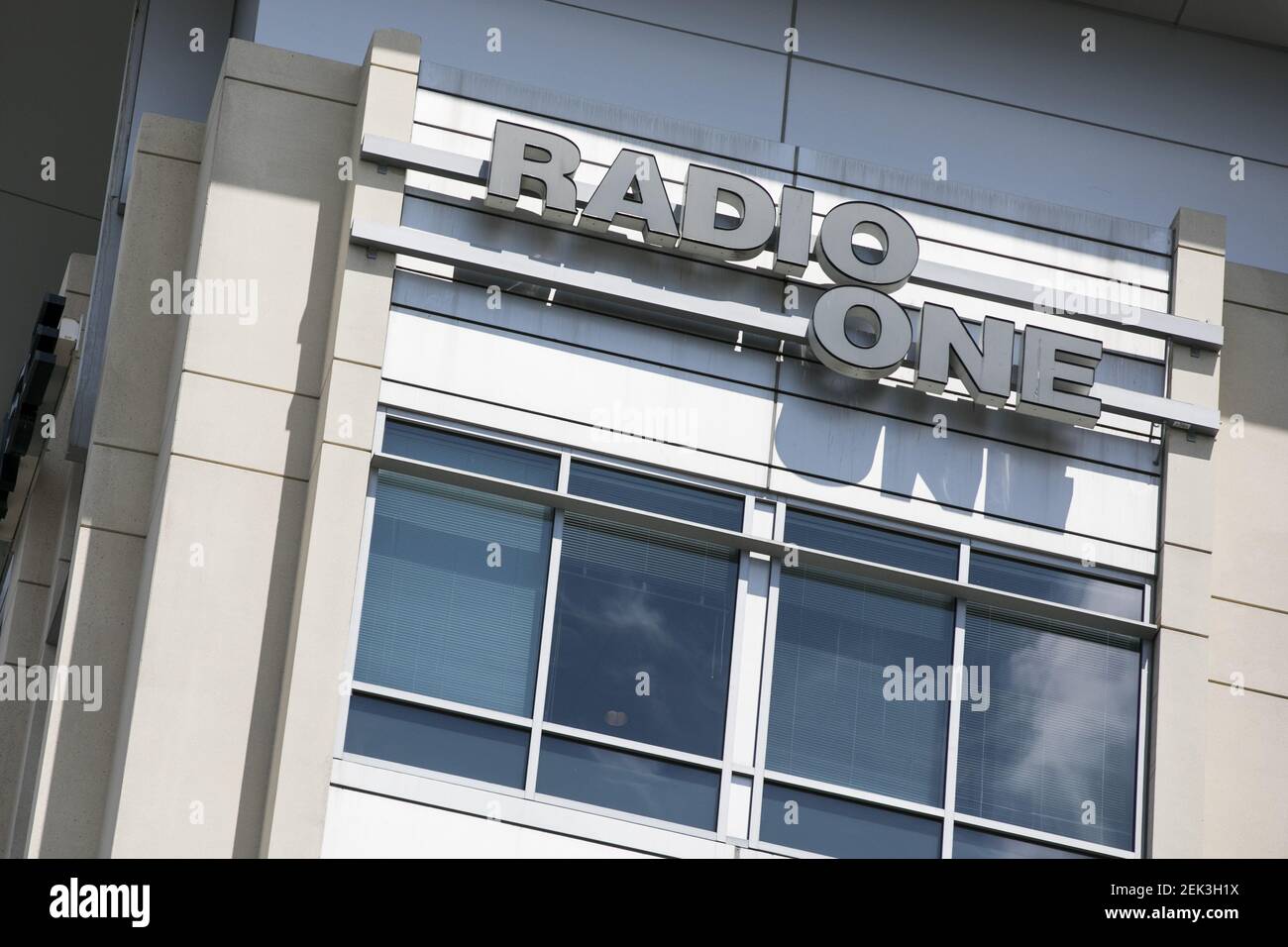 A logo sign outside of the headquarters of Radio One, also known as ...