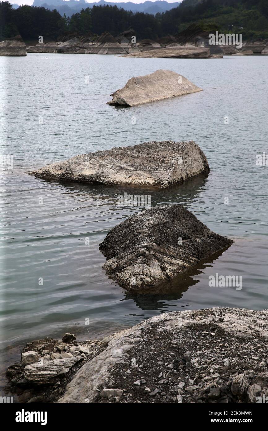 CHONGQING, CHINA - MAY 25, 2020 - Rockfall from an earthquake exposing ...