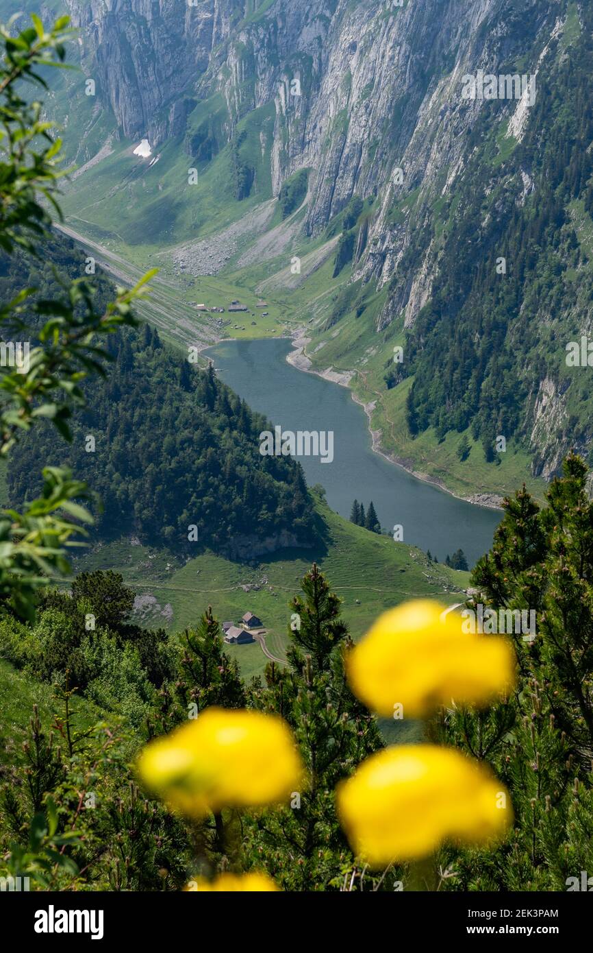 overview onto the alpine Fälensee in Appenzell region, Alpstein ...