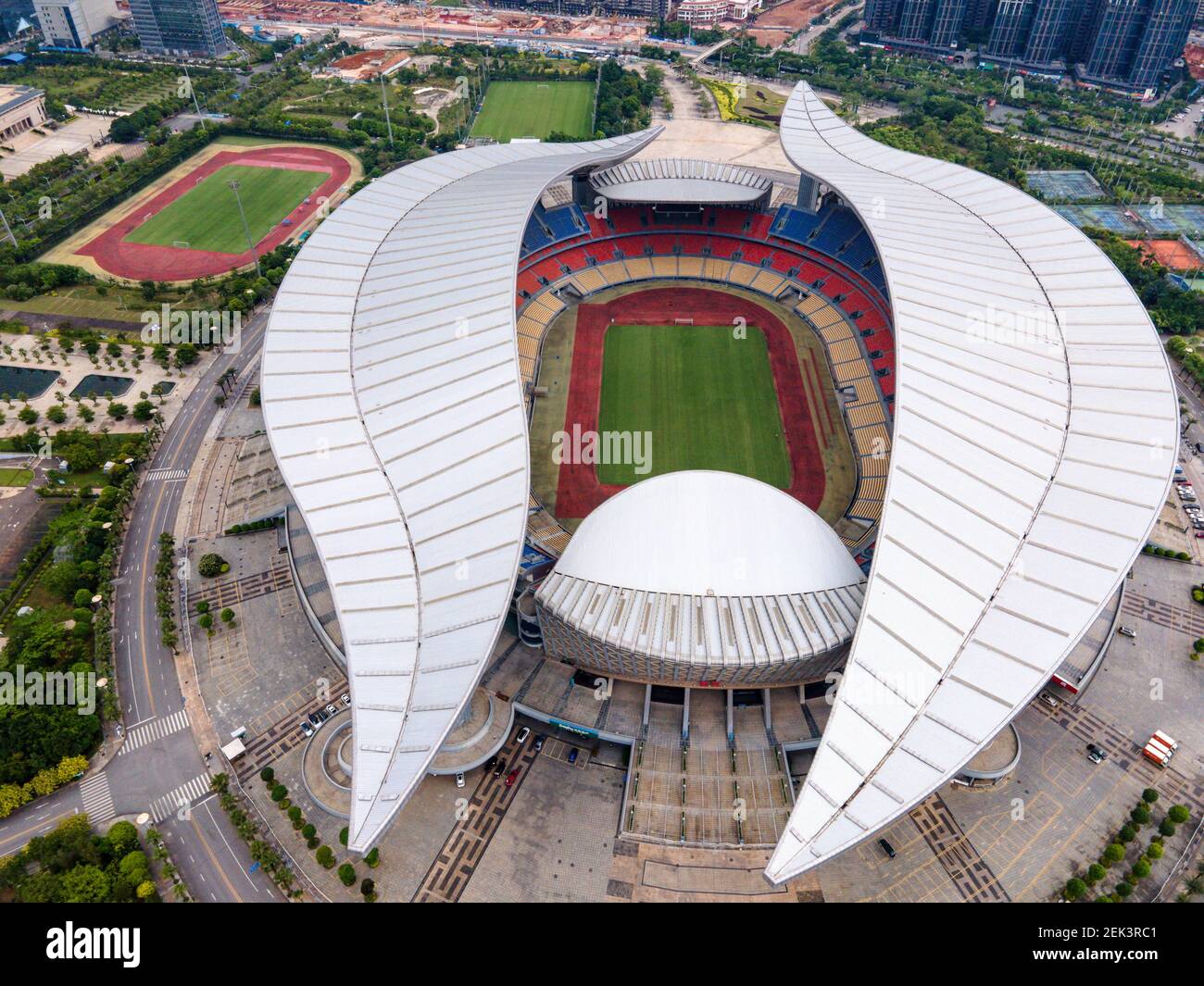 An aerial view of Guangxi Sports Center, a sports complex with a multi ...