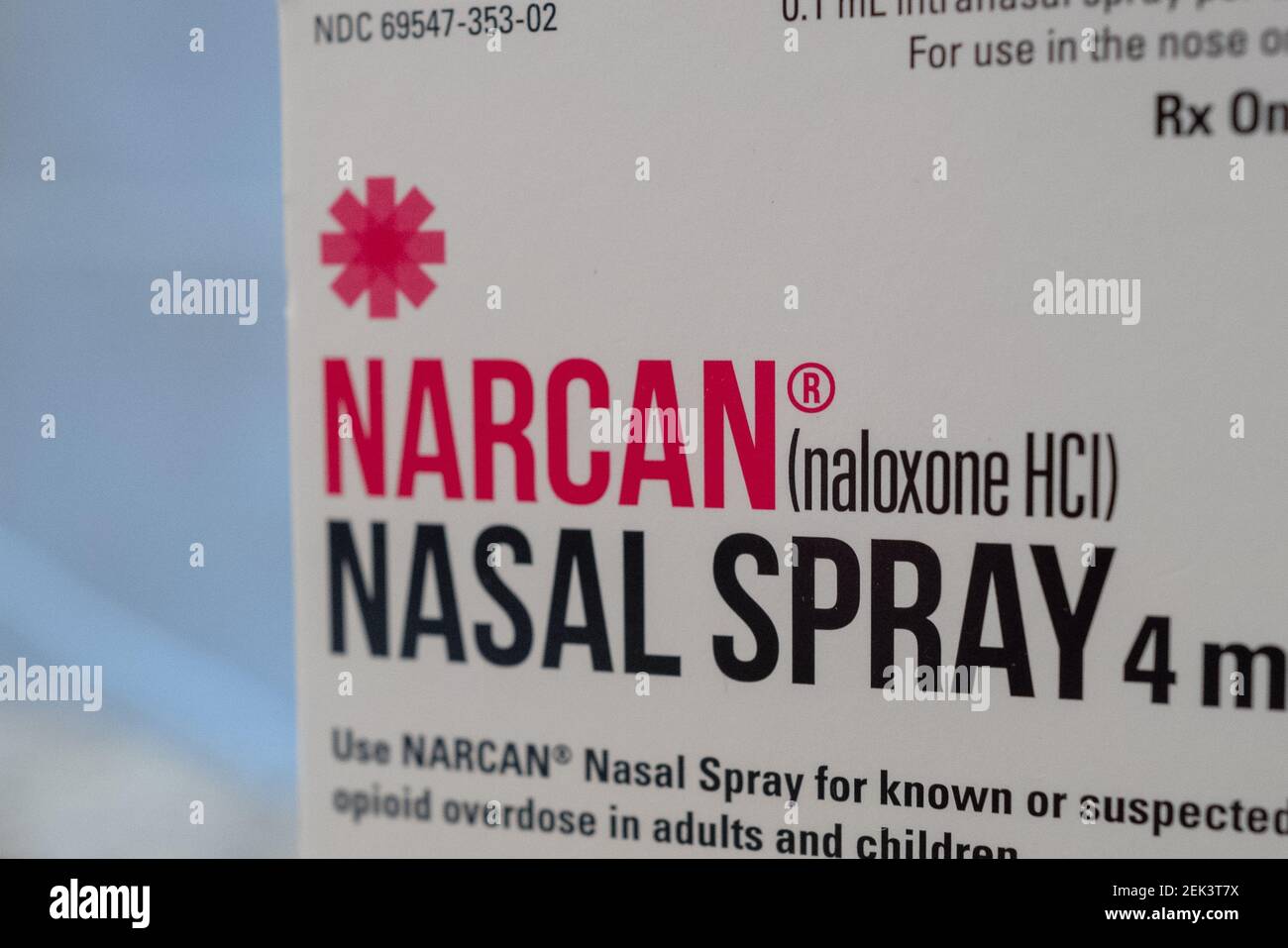 Close-up of box with logo for Narcan brand Naloxone nasal spray in ...