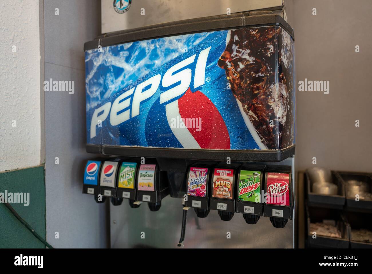 Close-up of soda fountain with Pepsi Co products, San Ramon, California ...