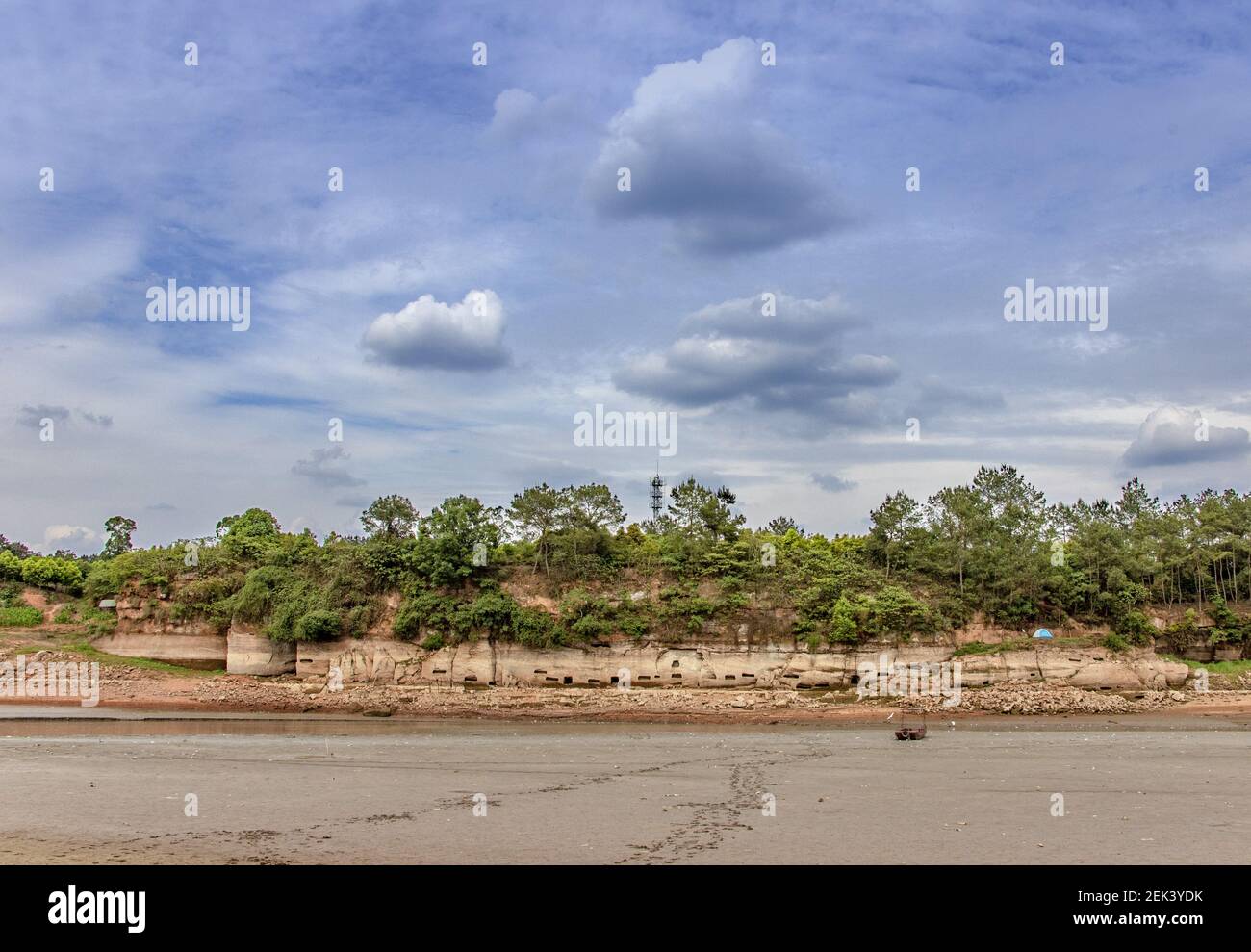 View of the Tang-dynasty sitting buddha sculptures exposed from a water ...
