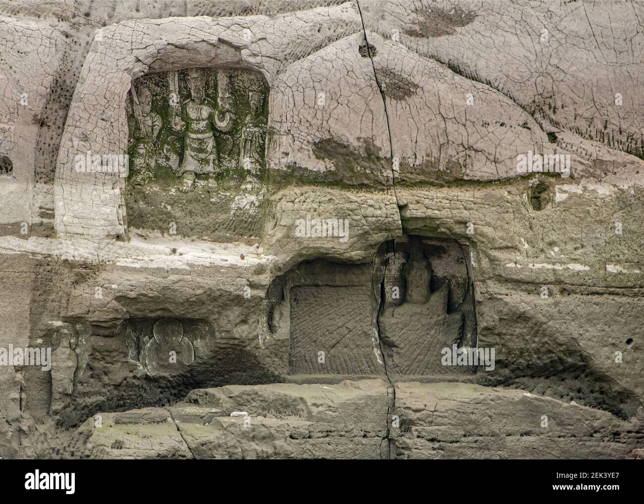 View of the Tang-dynasty sitting buddha sculptures exposed from a water ...