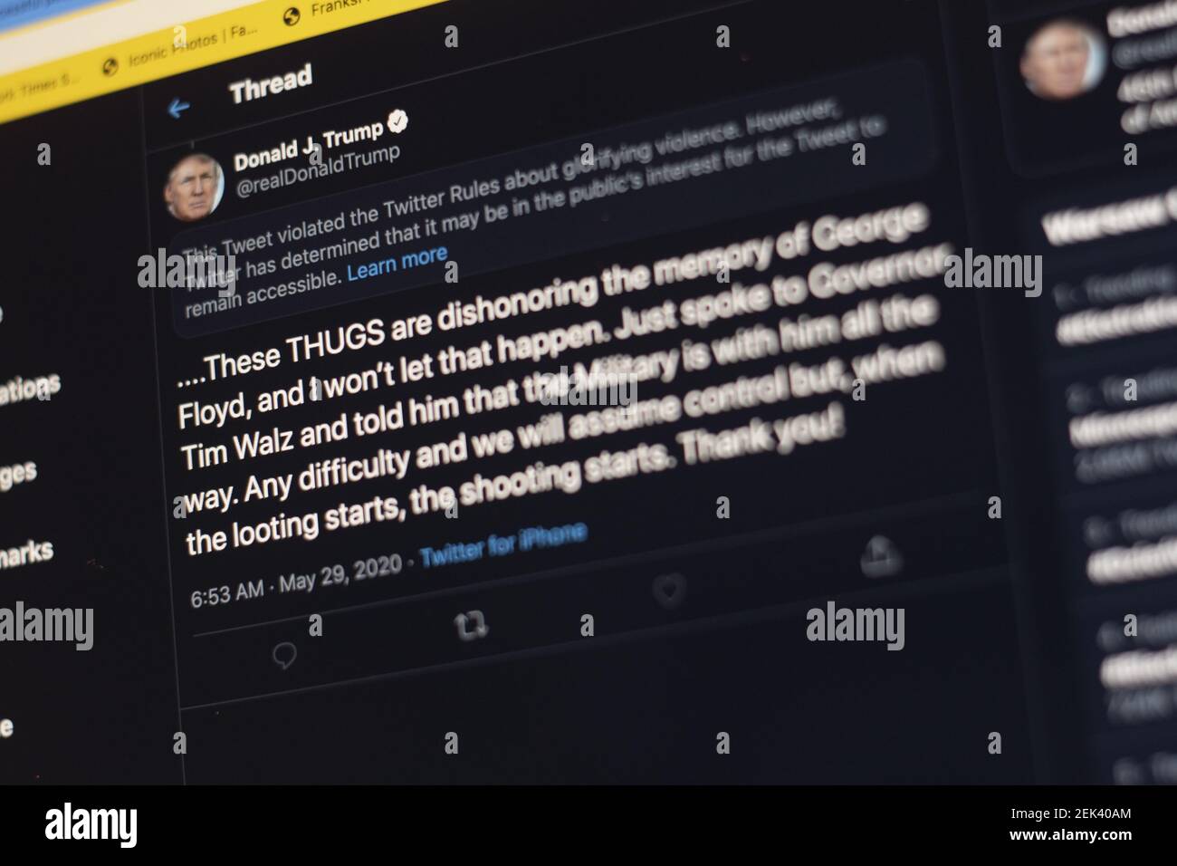 A tweet by US president Donald Trump is seen being flagged as ...