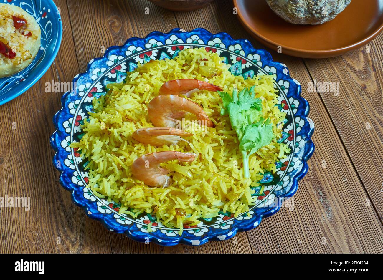 Mumawwash classic dish from Kuwait combines rice topped with dry shrimp ...