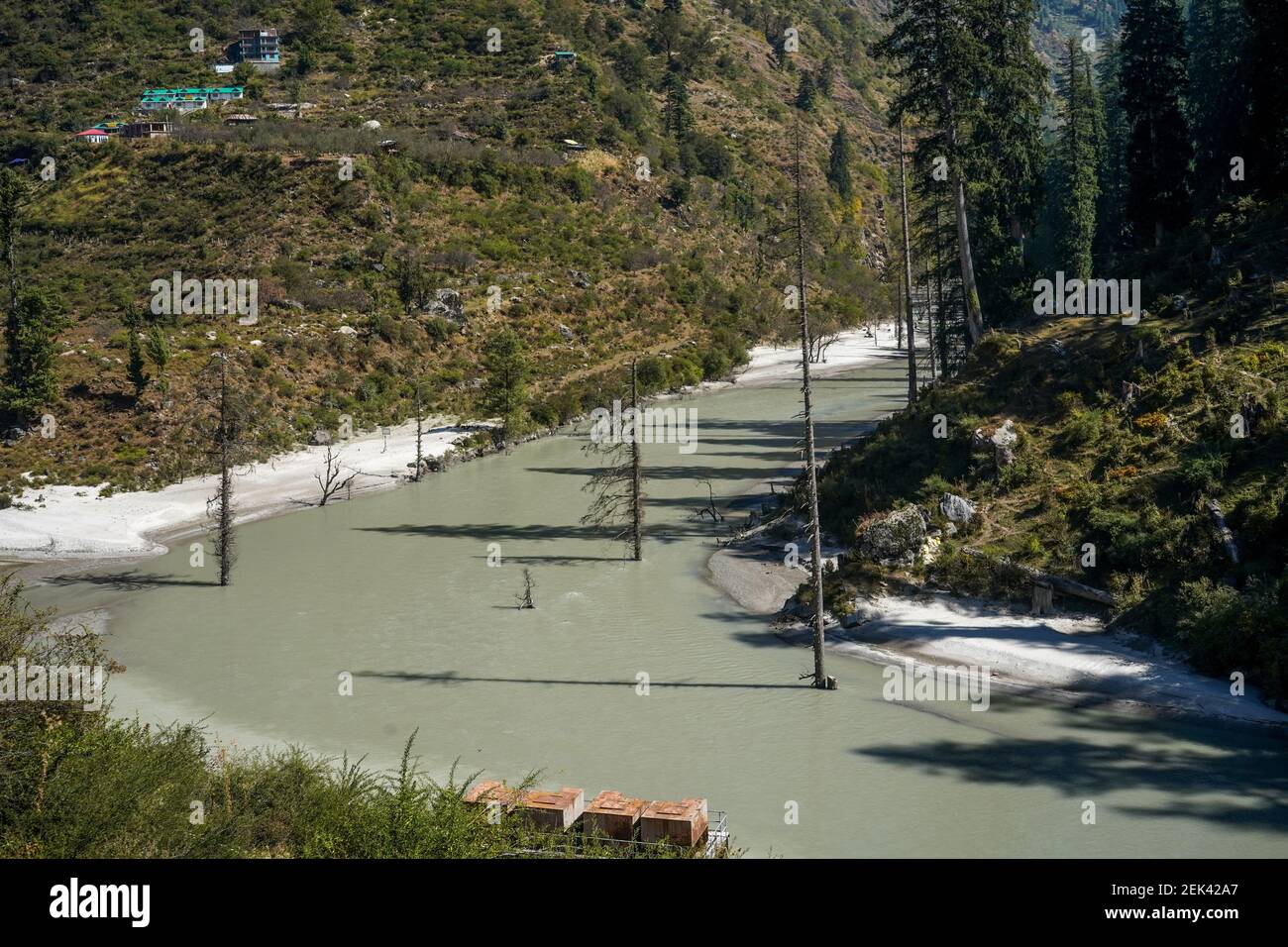 Landscape of river dam with surrounding greenery Stock Photo - Alamy