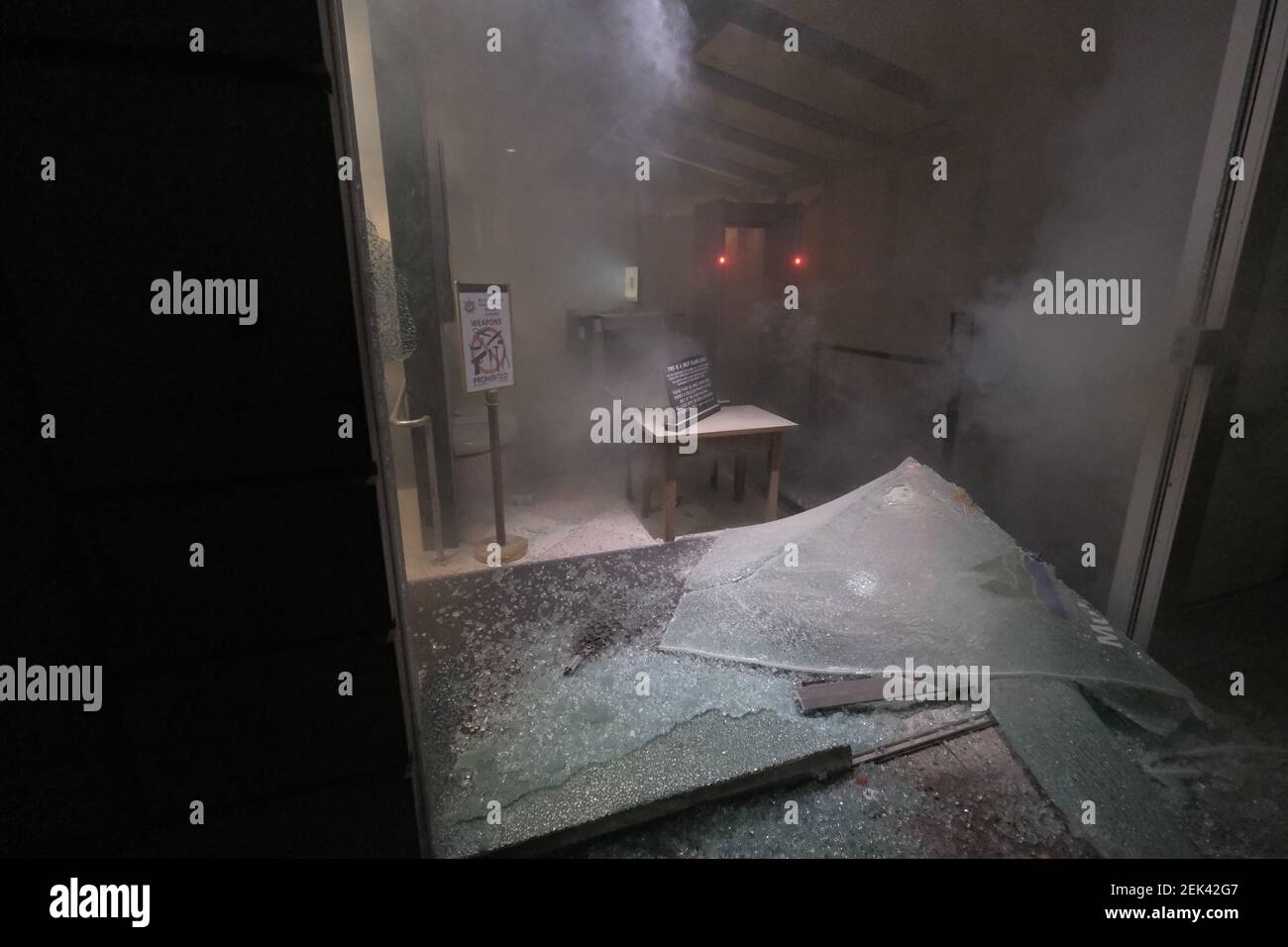 The entrance of the Justice Center in Portland, Ore., on May 29, 2020 ...