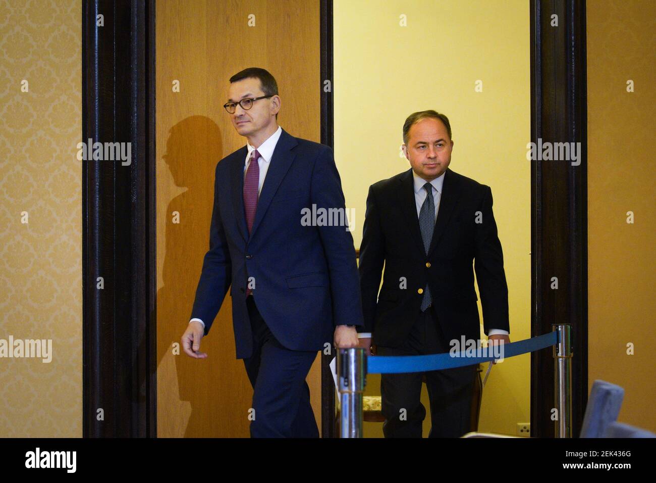 Prime Minister of Poland Mateusz Morawiecki (l) is seen ahead of a ...