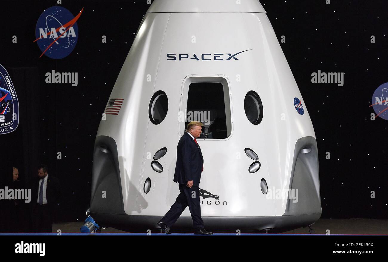 U.S. President Donald Trump takes the stage at NASA's Vehicle Assembly ...