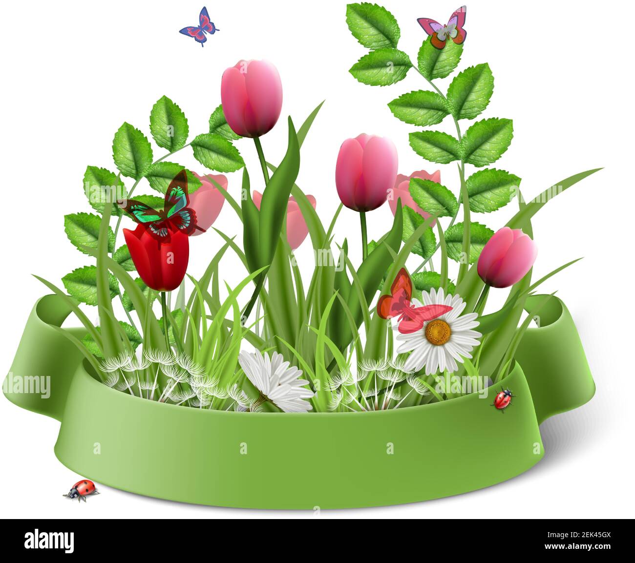 Vector cartoon style spring flowers bouquet with green ribbon. Isolated ...