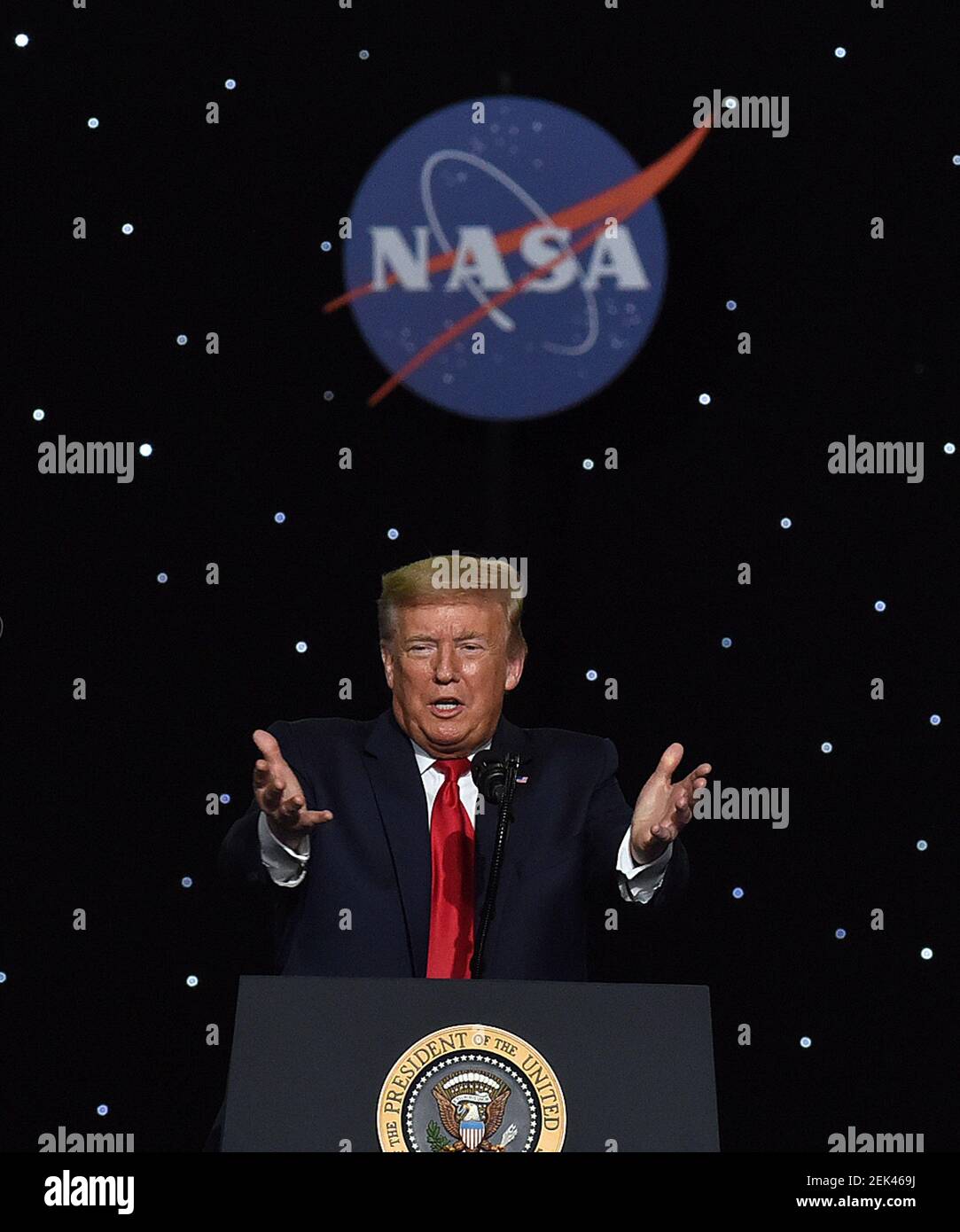 U.S. President Donald Trump speaks at NASA's Vehicle Assembly Building ...