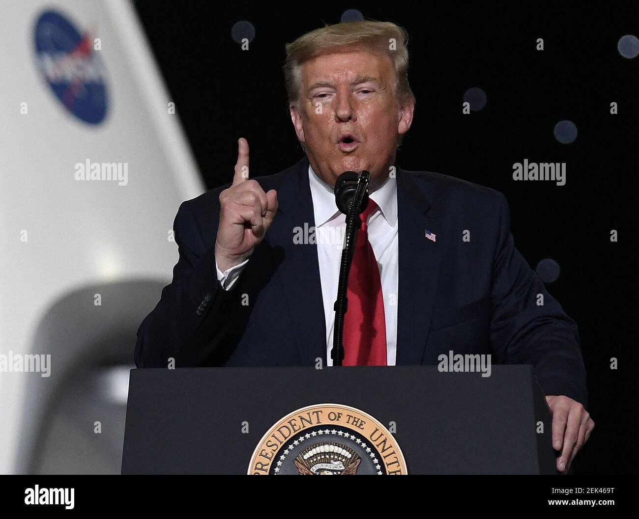 U.S. President Donald Trump speaks at NASA's Vehicle Assembly Building ...