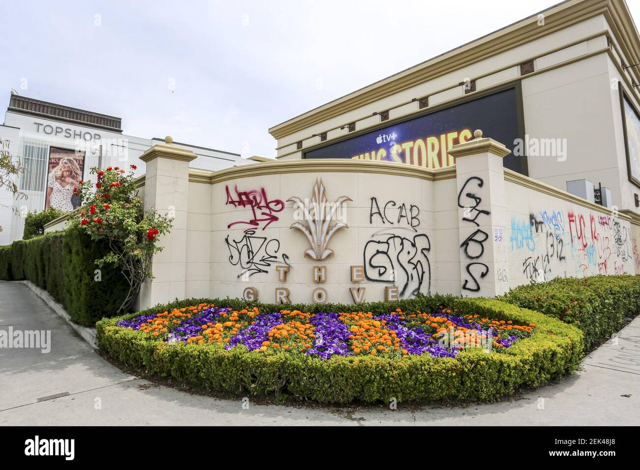 The entryway of The Grove mall displays graffiti that was sprayed the ...