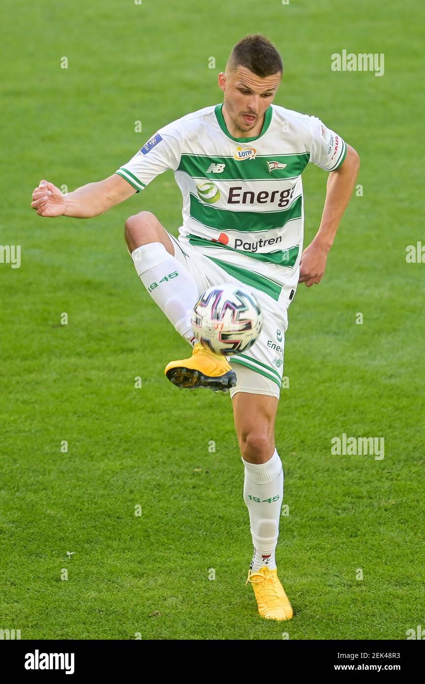 Patryk Lipski of Lechia seen in action during the Polish Ekstraklasa ...