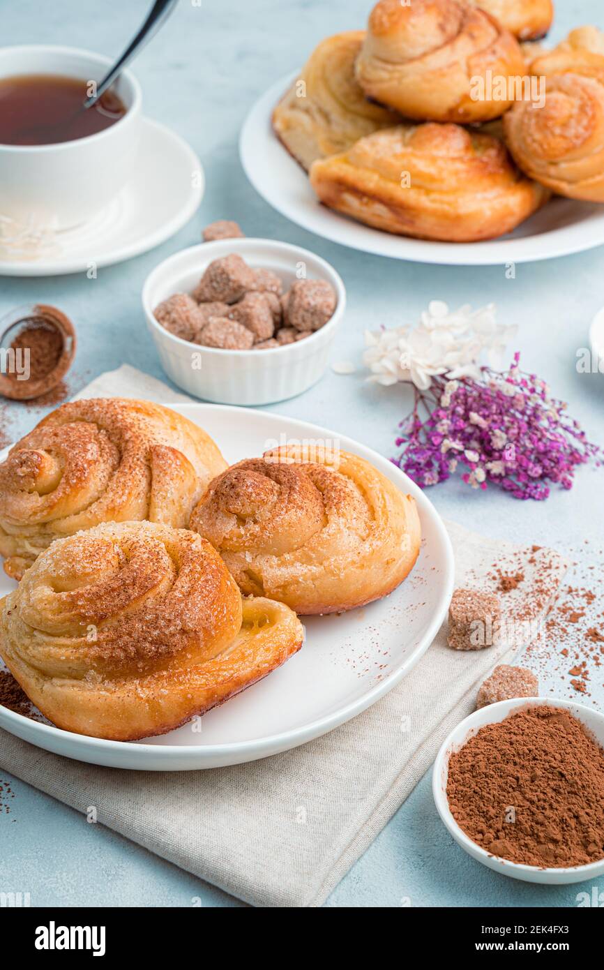 Homemade cakes, snail buns with sugar on a soft blue background. Side ...