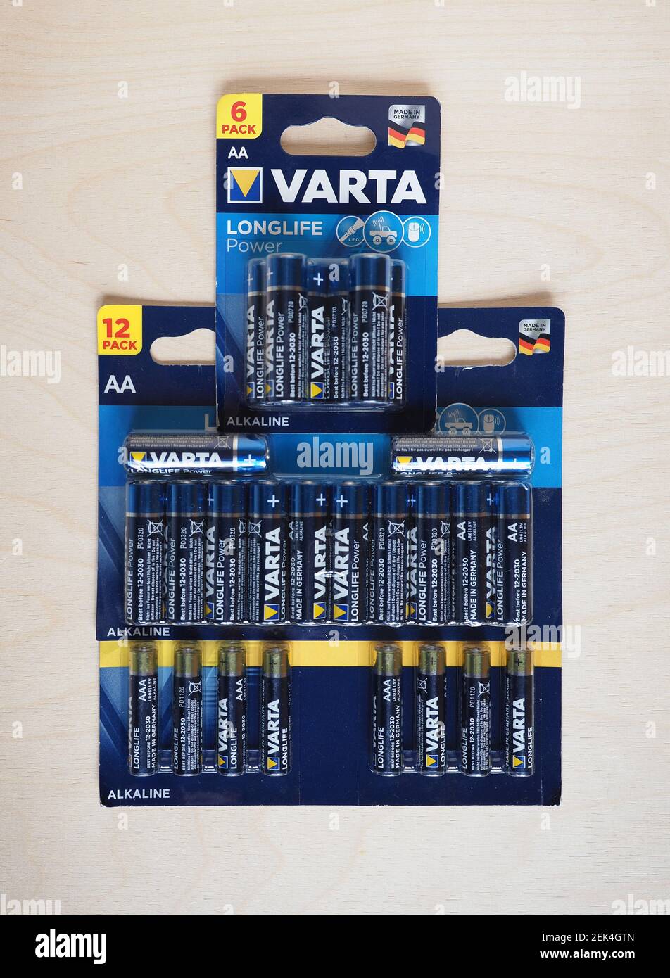 HANNOVER, GERMANY - CIRCA JANUARY 2021: Packets of Varta longlife power ...