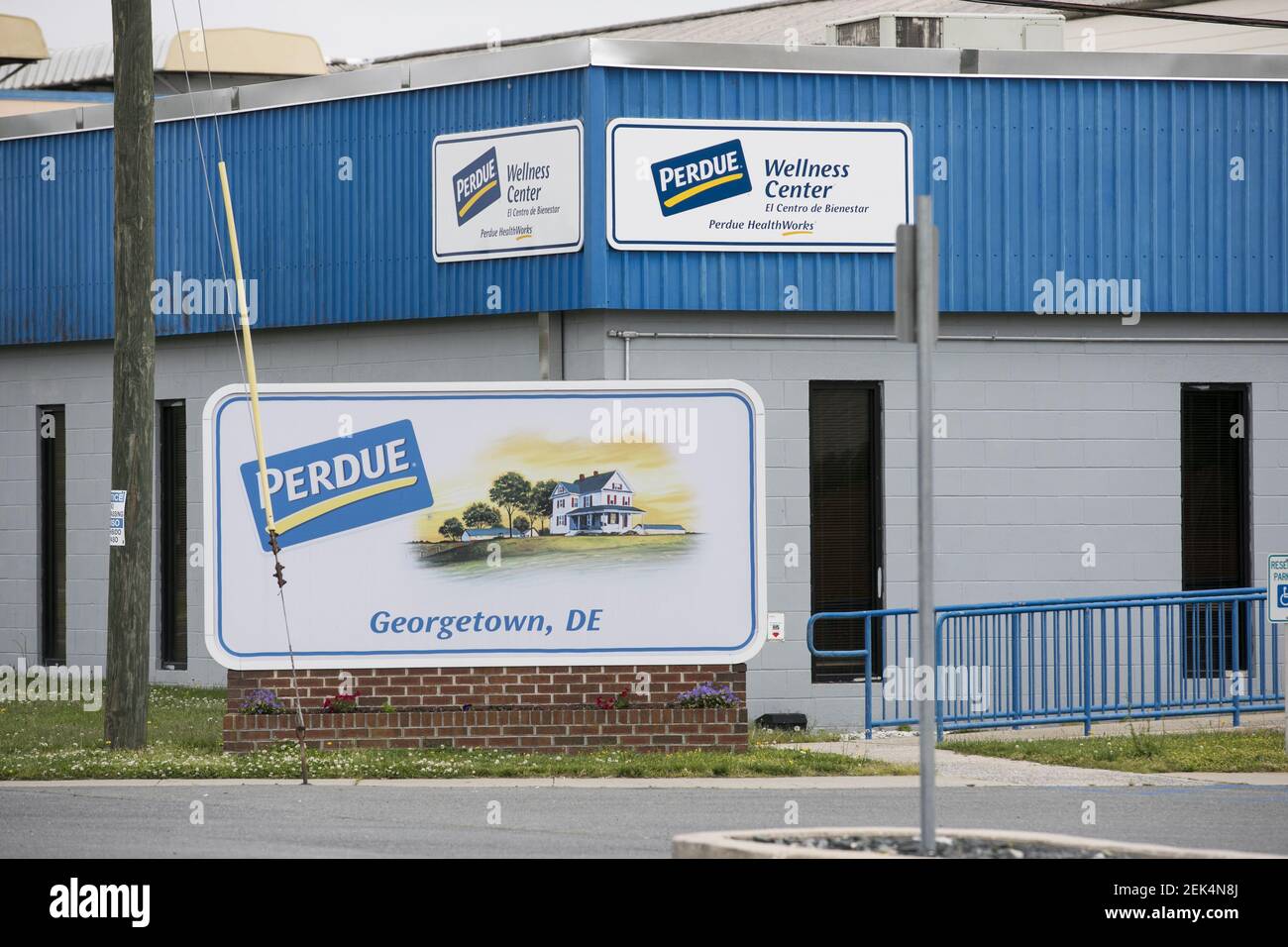 A logo sign outside of a Perdue Farms poultry processing plant in ...