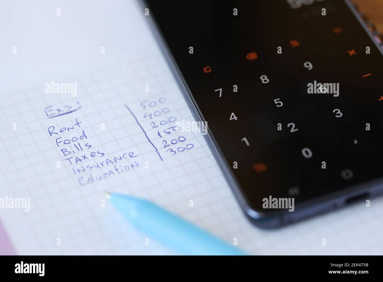 Monthly expenses are written on piece of paper with calculator Stock ...