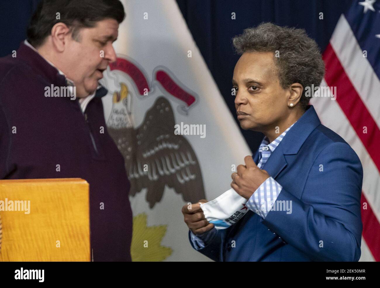 Mayor Lori Lightfoot appears with Gov. J.B. Pritzker at the Thompson ...